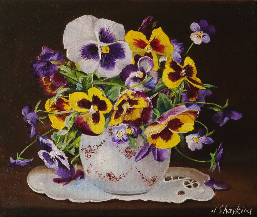 Original Pansies Oil Painting: Dark Floral Still Life Art, Pansy on ...