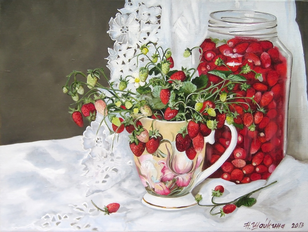 Original Strawberry Still Life Painting Oil Canvas, Wild Strawberries ...