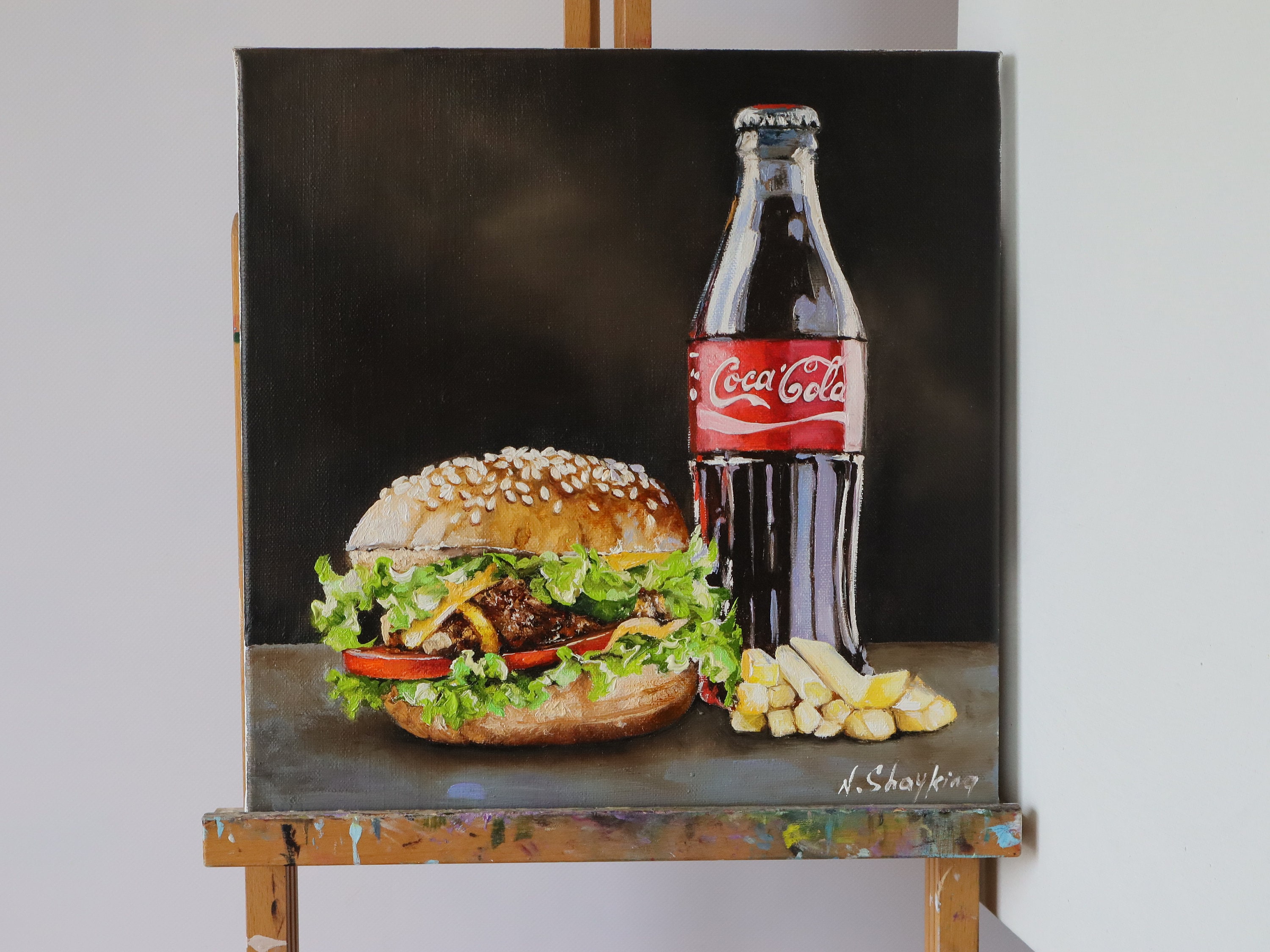 Burger Oil Painting, Fast Food Kitchen Wall Art, Original Art Canvas ...