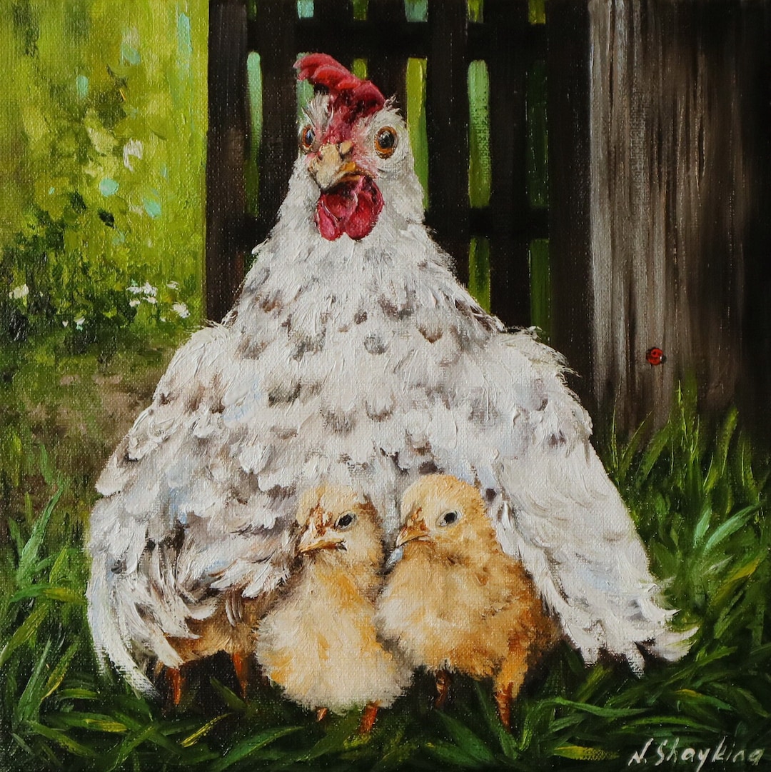 Mother Hen and Baby Chicks Original Wall Art Oil Painting on Canvas ...