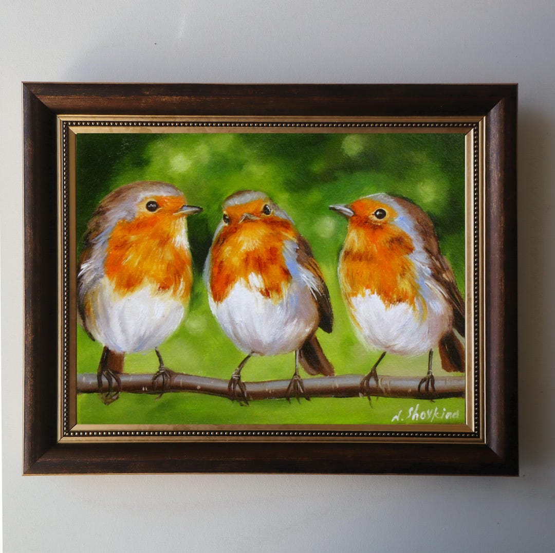 Original Oil Painting Three ROBINS BIRDS Canvas Art Animals Artwork ...