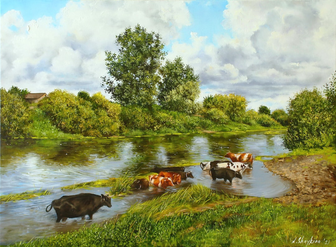 COWS IN PASTURE Landscape Oil Painting Original, Cow Wall Art, Grass ...