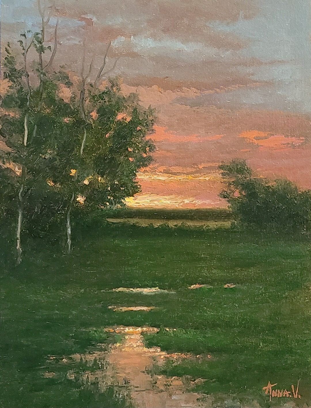 Scarlet Sunset, Original Oil Painting Canvas Board, Landscape Artwork ...