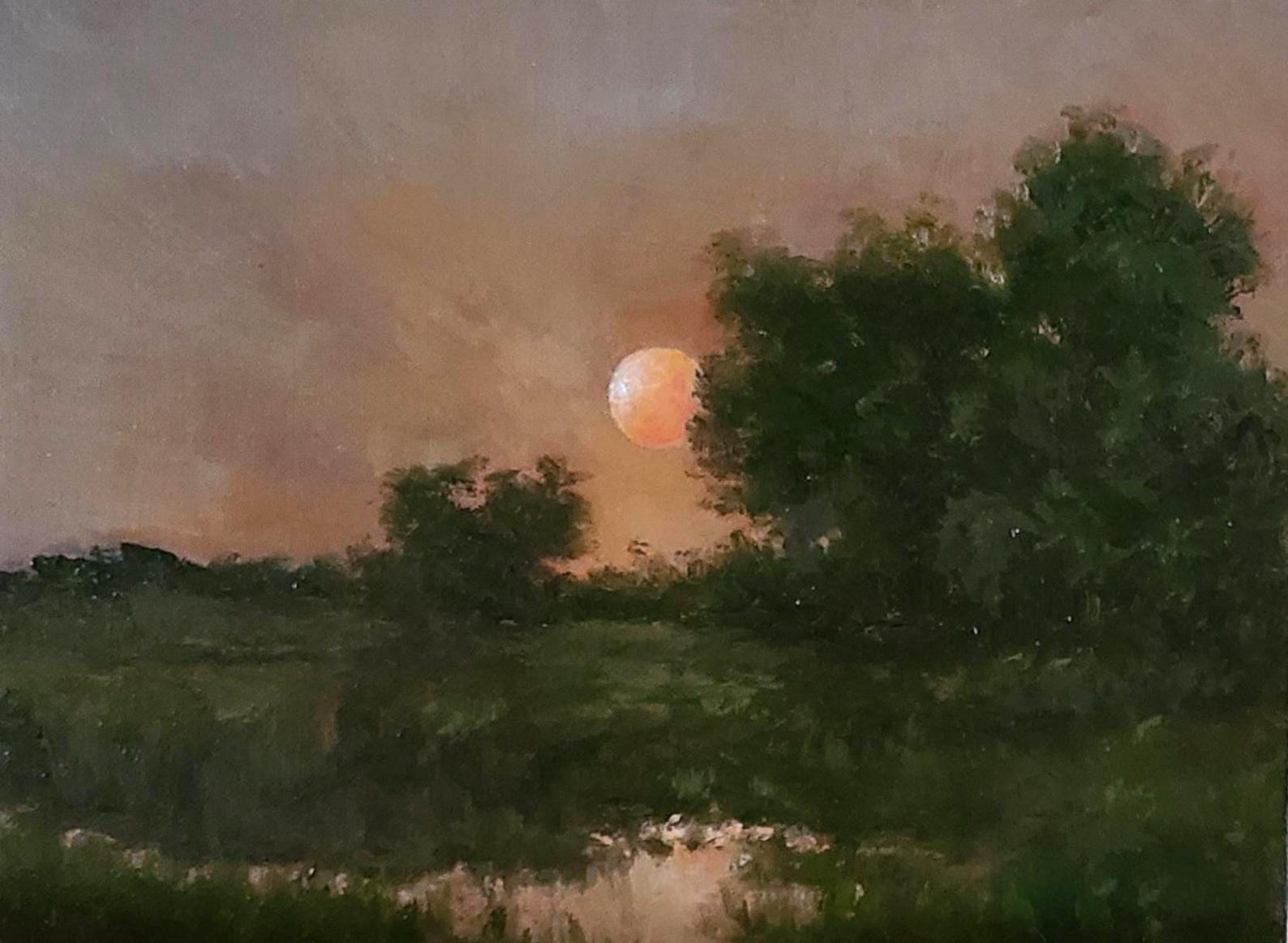 Harvest Moon, Original Oil Painting of an Orange Moon, Landscape ...