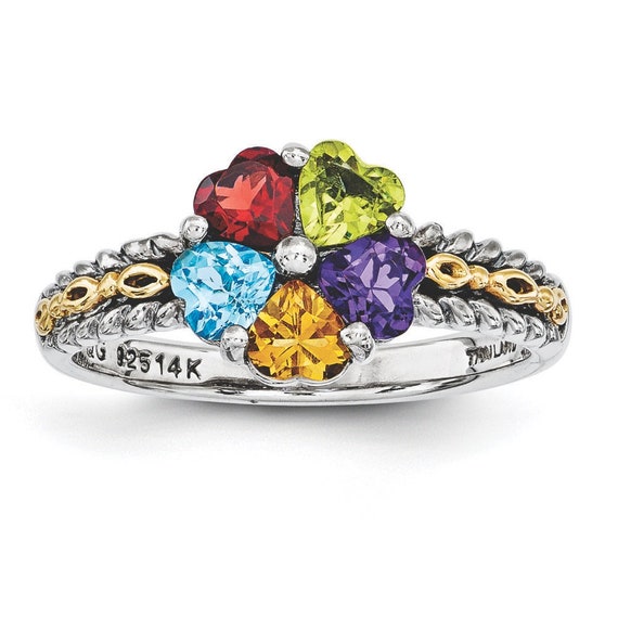 Heart Cluster Mother s Birthstone Ring Antiqued Sterling Silver and 14k Gold Accent 2 5 Stones Etsy