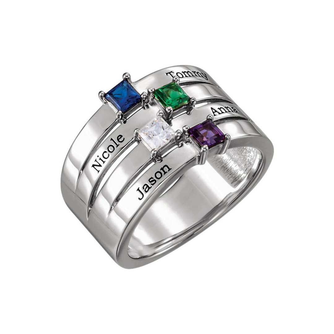Name Engraved Square Birthstones Family Ring Mother's Jewelry Sterling ...