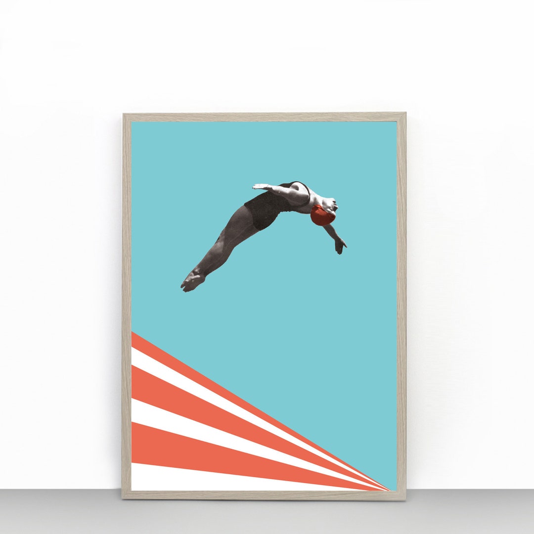 Vintage Swimming Poster Retro Diving Collage Print Mid Century Modern ...