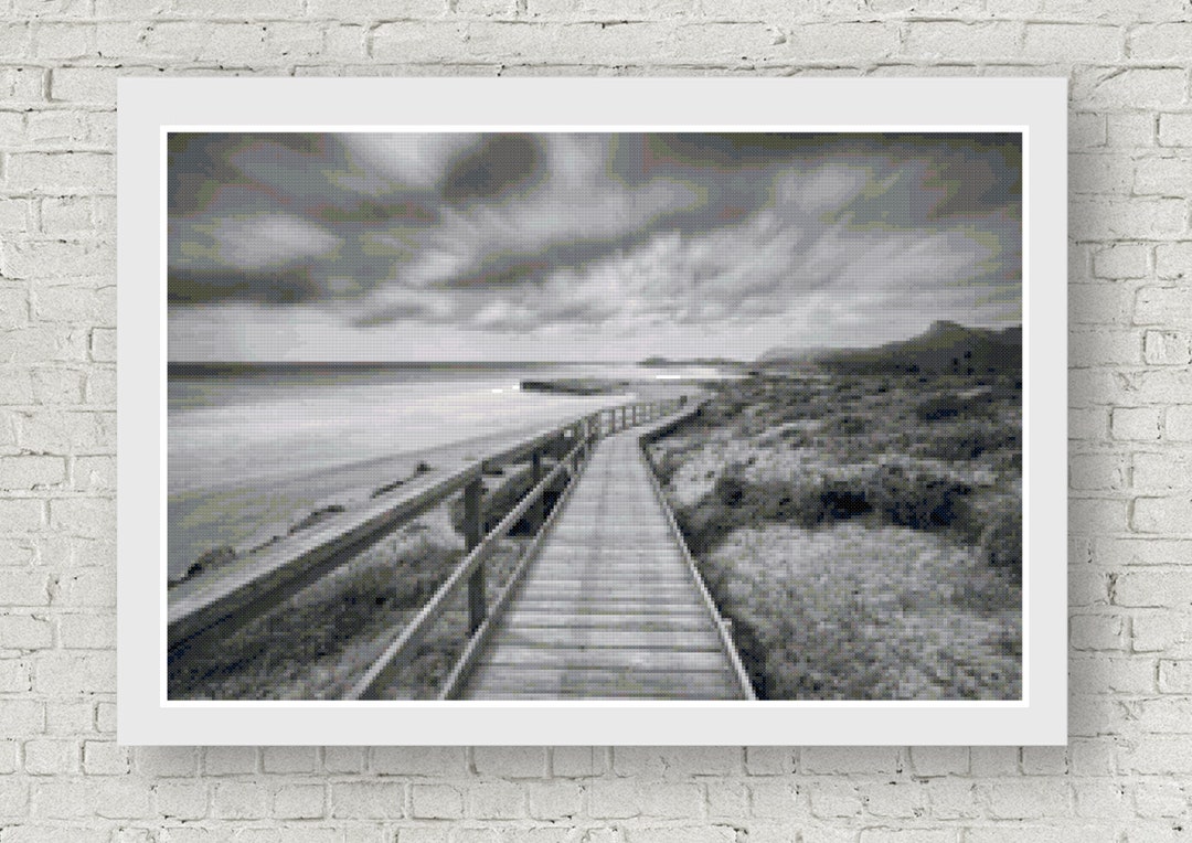 The Boardwalk Ocean Sea Landscape Black and White Counted Cross Stitch ...