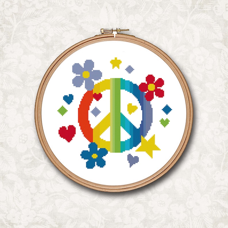 Rainbow Peace Sign With Hearts and Stars Counted Cross Stitch - Etsy ...