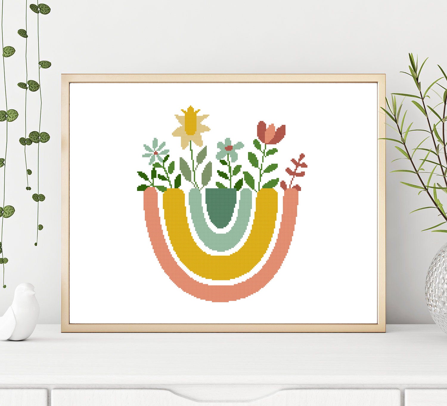 Boho Bohemian Rainbow Flower Garden Modern Minimalist Counted - Etsy
