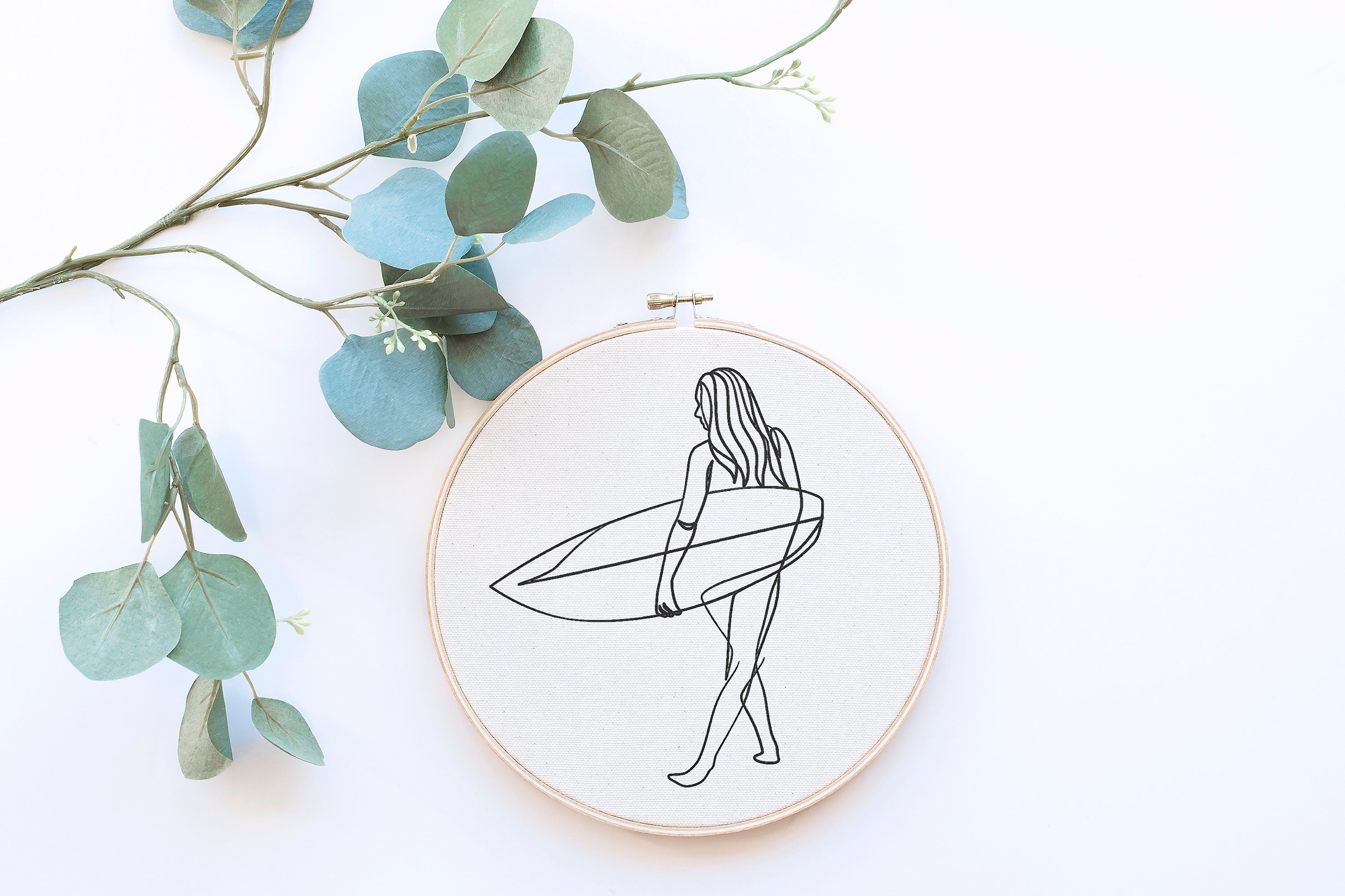 Women With a Surfboard Surfing - Embroidery Hoop Pattern Template - PDF ...