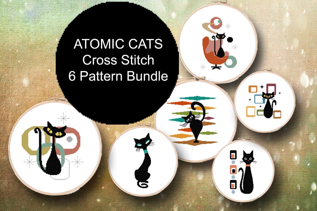 Set of 6 Pattern BUNDLE - Mid Century Atomic Black Cat Counted Cross ...
