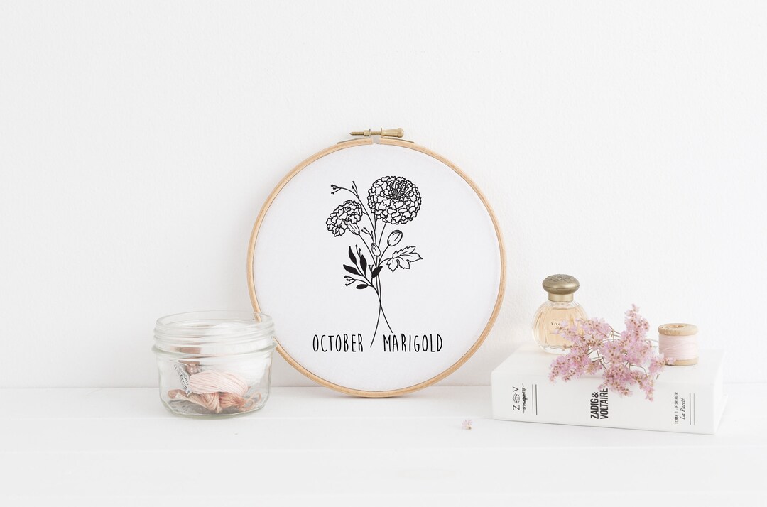 October Marigold Birth Flower Embroidery Hoop Pattern Template PDF ...
