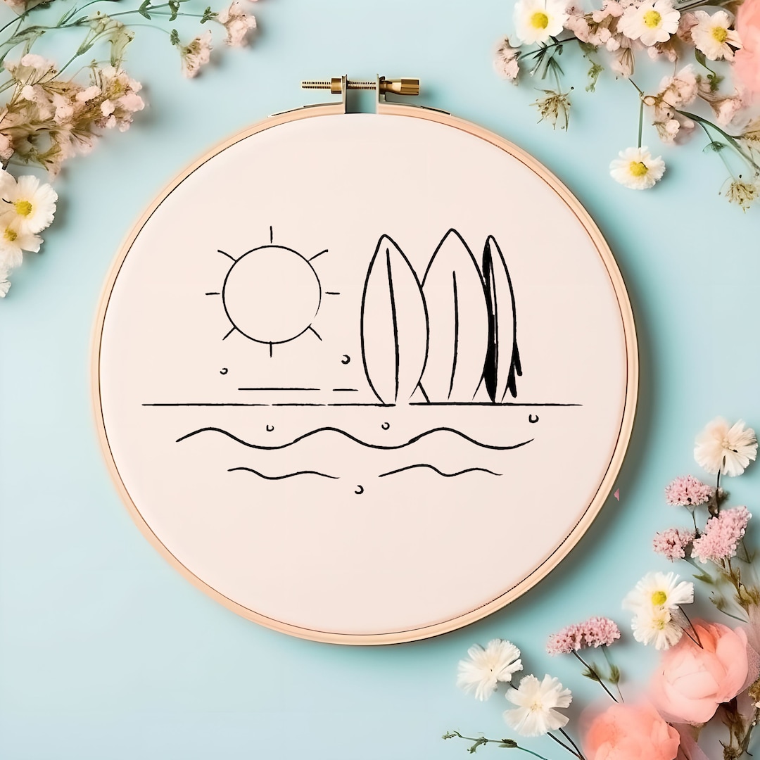 Three Surfboards Surfing on the Beach Embroidery Hoop Template Pattern ...