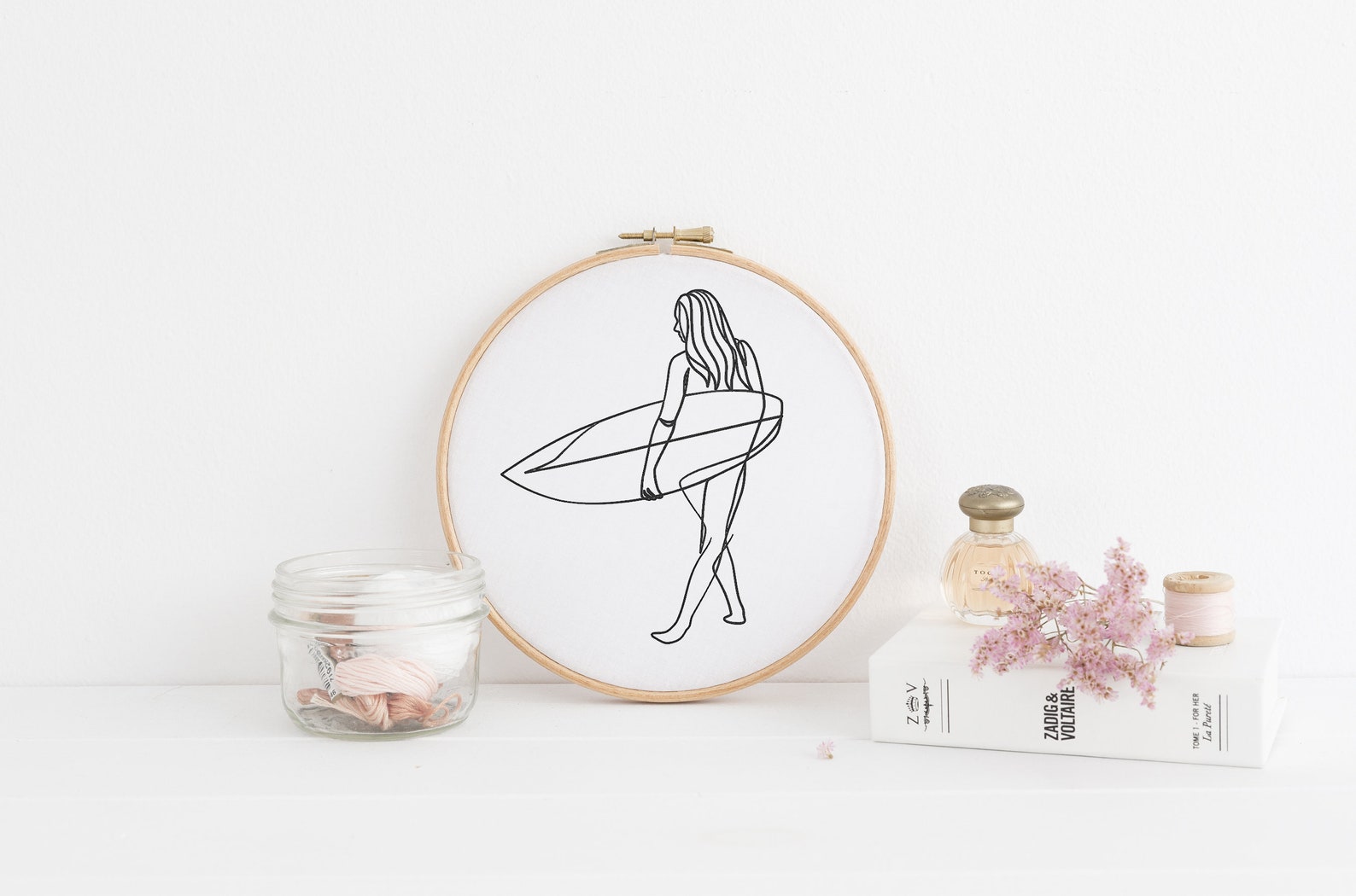 Women With a Surfboard Surfing - Embroidery Hoop Pattern Template - PDF ...