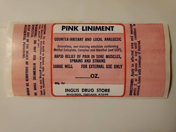 Vintage INGLIS DRUG STORE Pink Liniment Prescription Label | Etsy