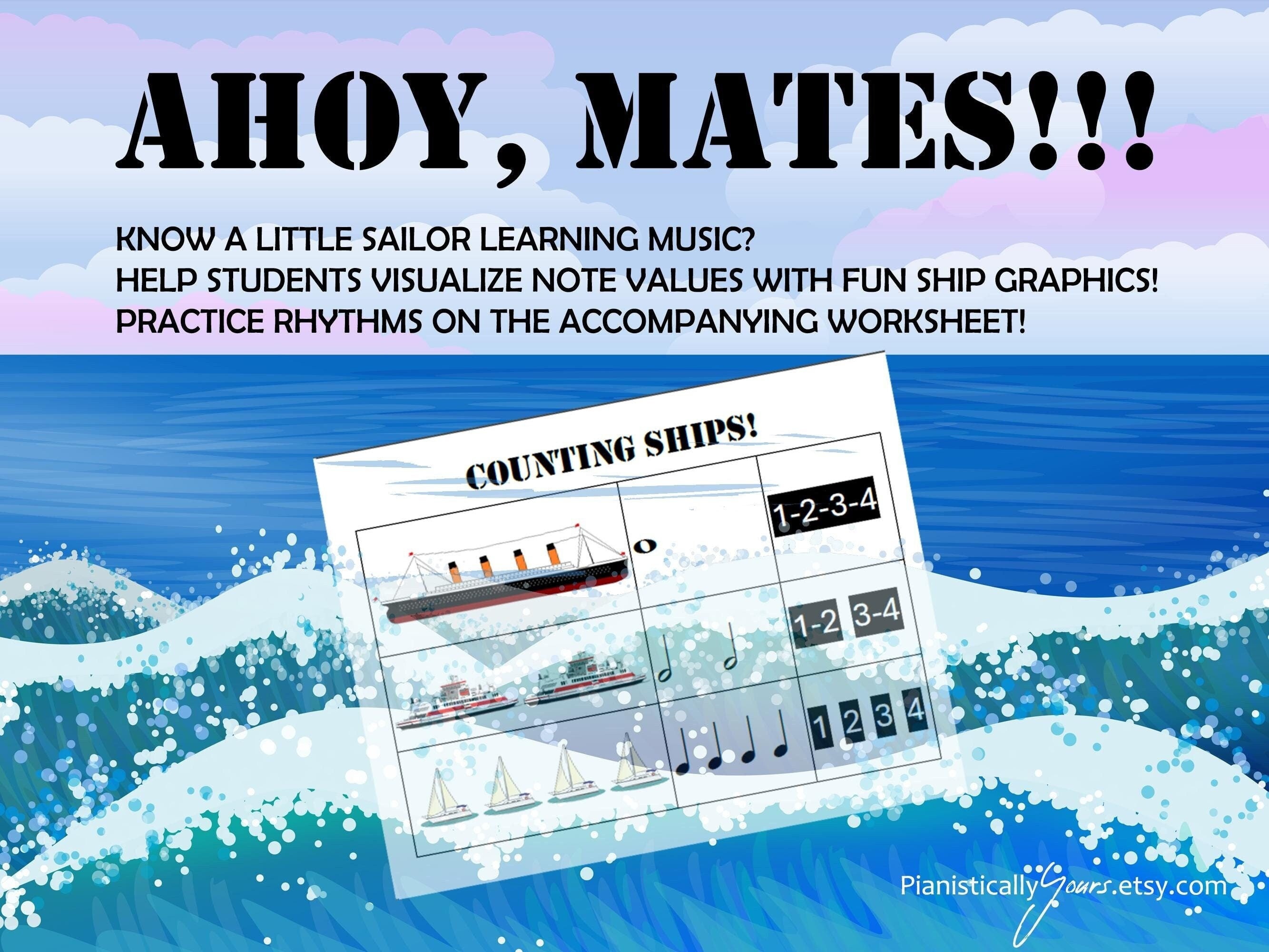 Nautical Music Note Values Worksheet, Counting Ships Activity (digital ...