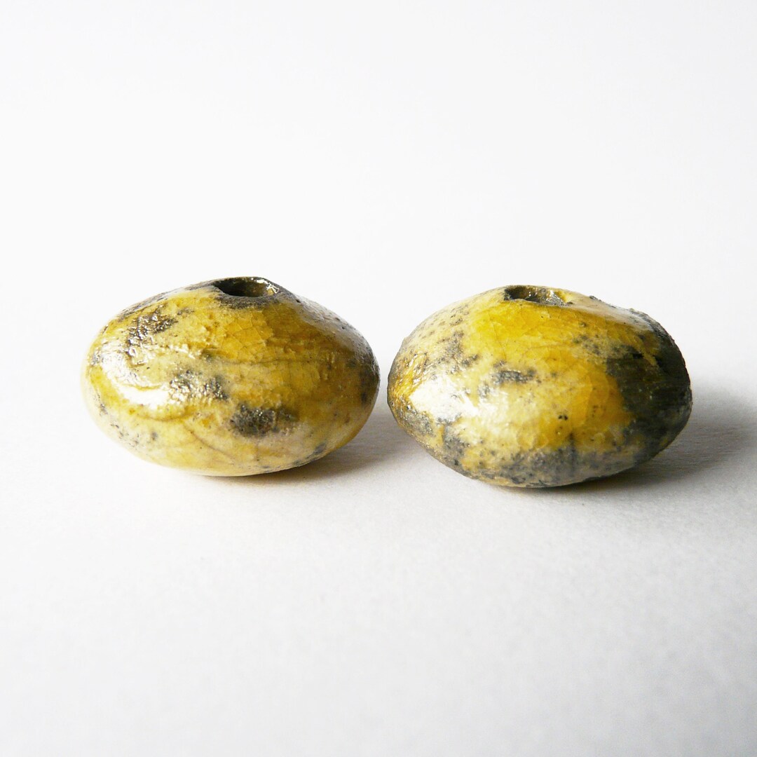 Large Rustic Yellow and Gray Raku Ceramic Beads, Set of 2 Large ...