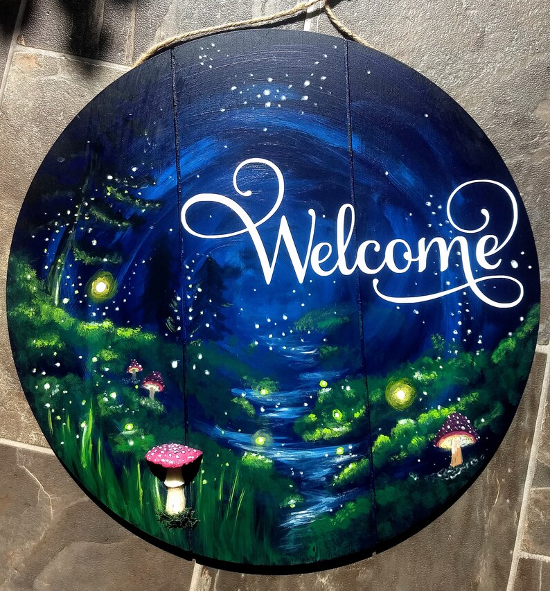 Hand Painted Welcome Door Sign, Handmade, Fantasy Fireflies, Glow in ...