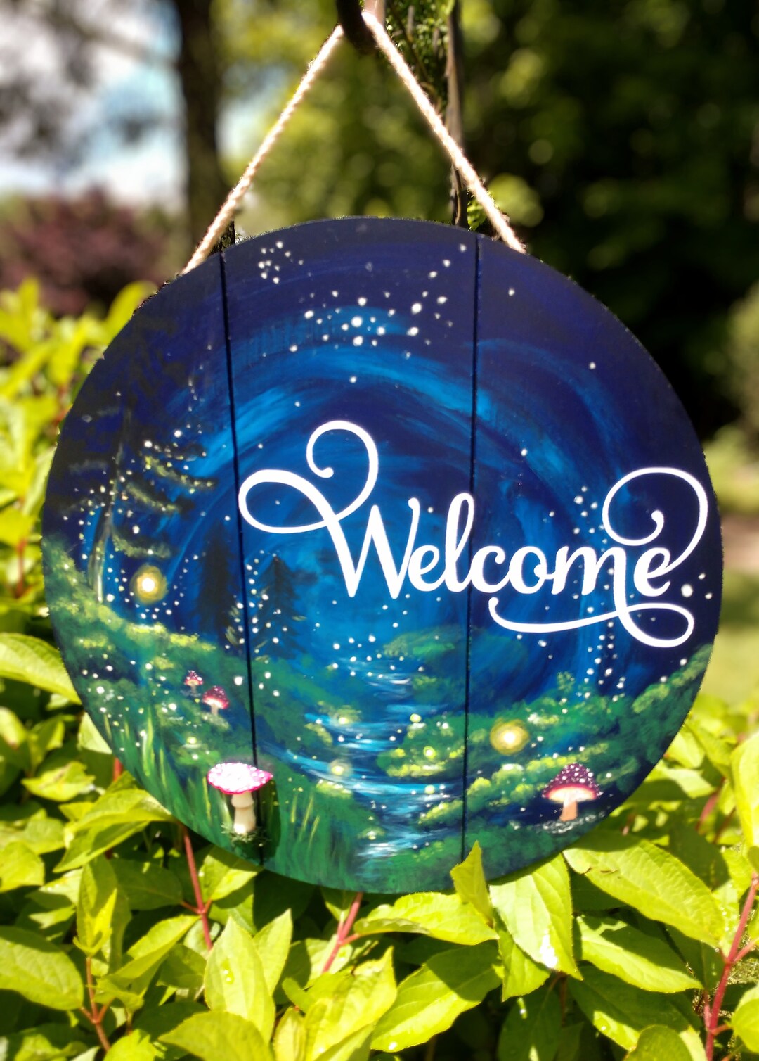 Hand Painted Welcome Door Sign, Handmade, Fantasy Fireflies, Glow in ...