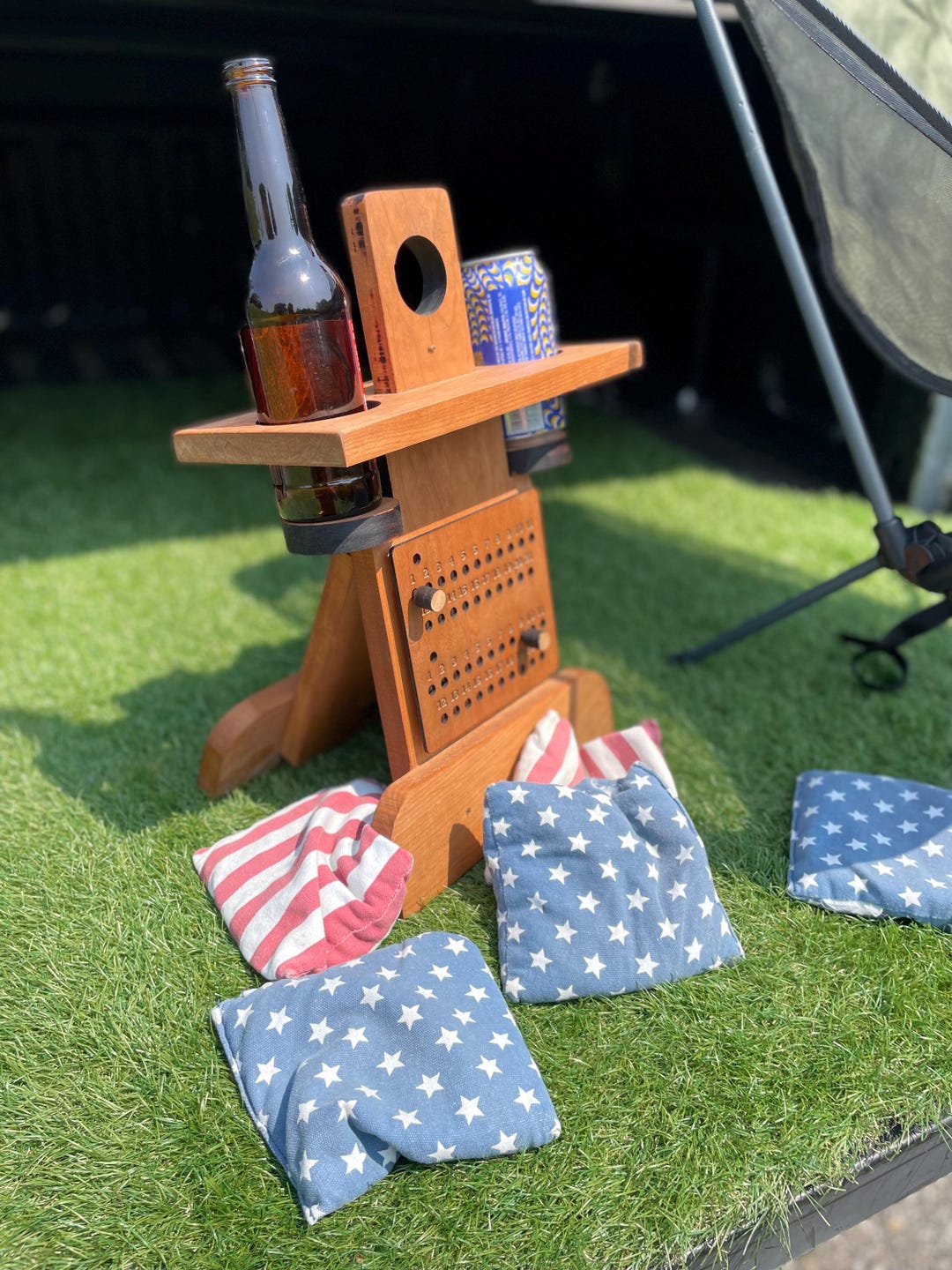 Compact Cornhole Scorekeeper|drink Holder|tailgate-ready|hardwood Stand ...