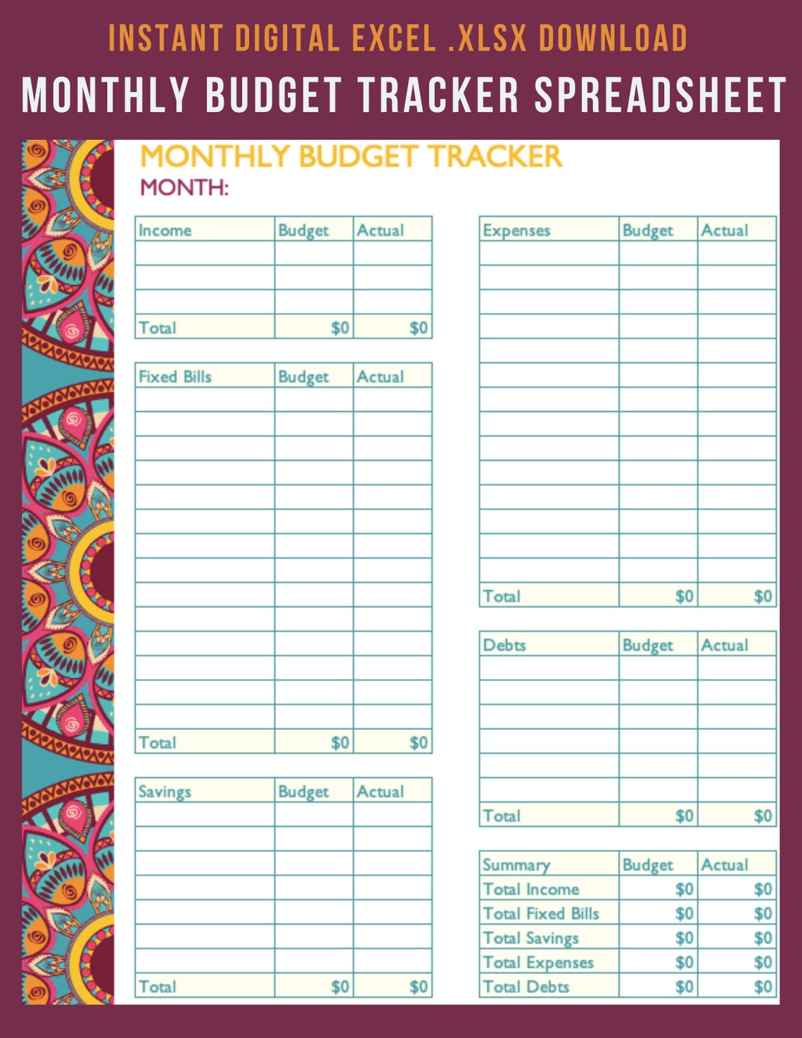 Monthly Budget Tracker Excel Template, Yoga Theme (digital Download) - Etsy