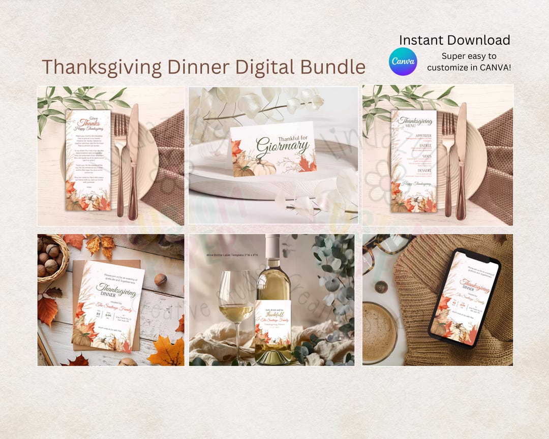 Thanksgiving Dinner Canva Bundle | Editable Menu, Invitation (digital ...