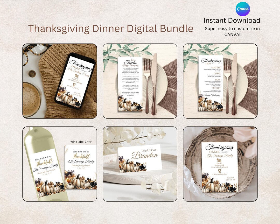 Thanksgiving Table Decor Printable Bundle | Neutral Beige and Black ...