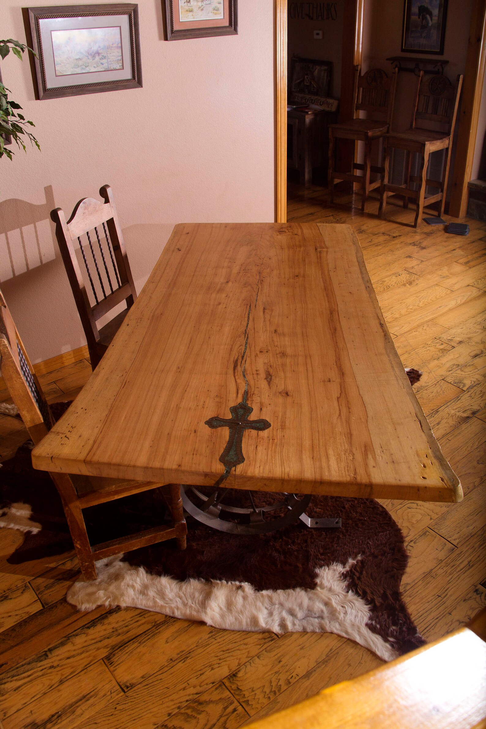 Pecan Live Edge Table With Antique Metal Wheel Base - Etsy