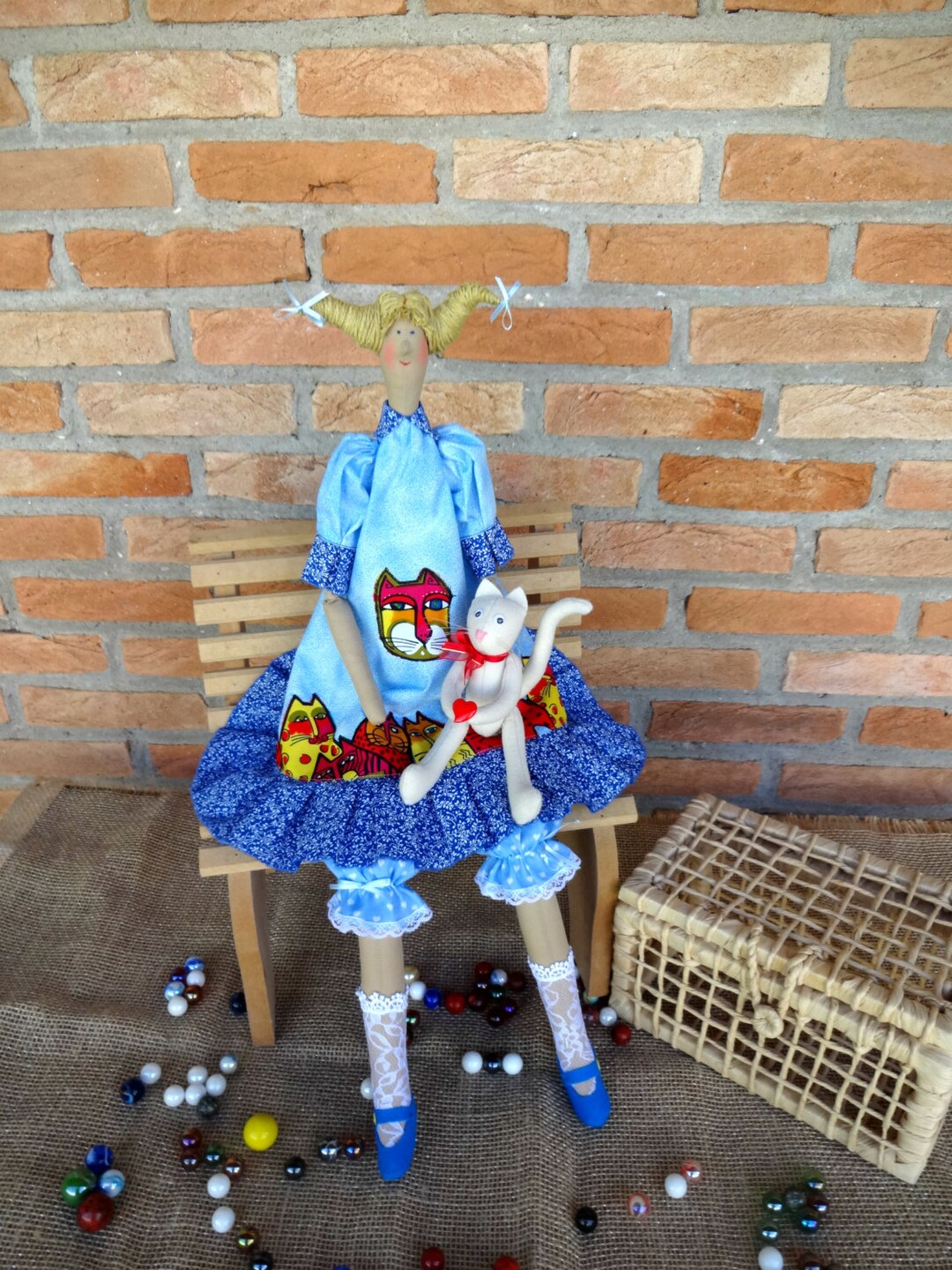 Tilda Dolls Cat Lady and Plush Cat Custom Rag Toy Handmade Fabric Doll ...