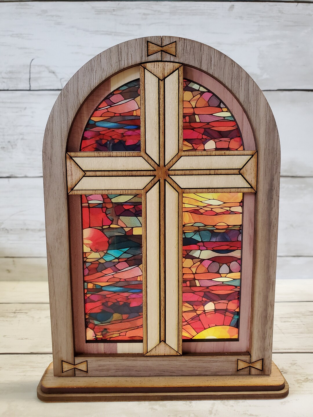 Mantel Decor, Christian Cross With Faux Stained Glass, Angel Arch ...