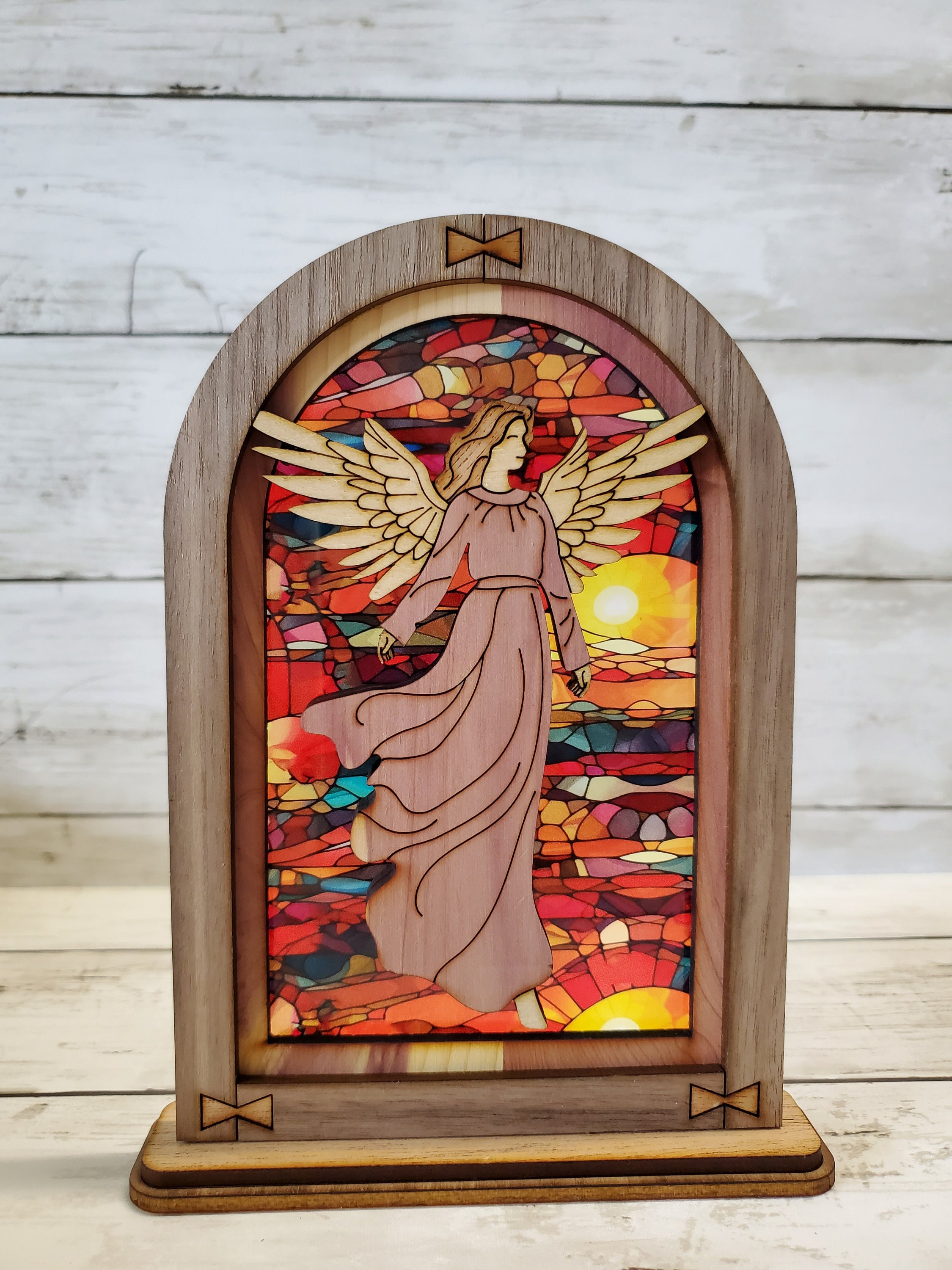 Mantel Decor, Christian Cross With Faux Stained Glass, Angel Arch ...