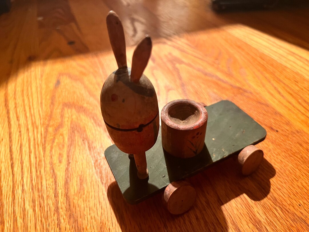 Vintage Antique Primitive Wooden Wood Bunny Rabbit Pull Toy Rare Mortar ...
