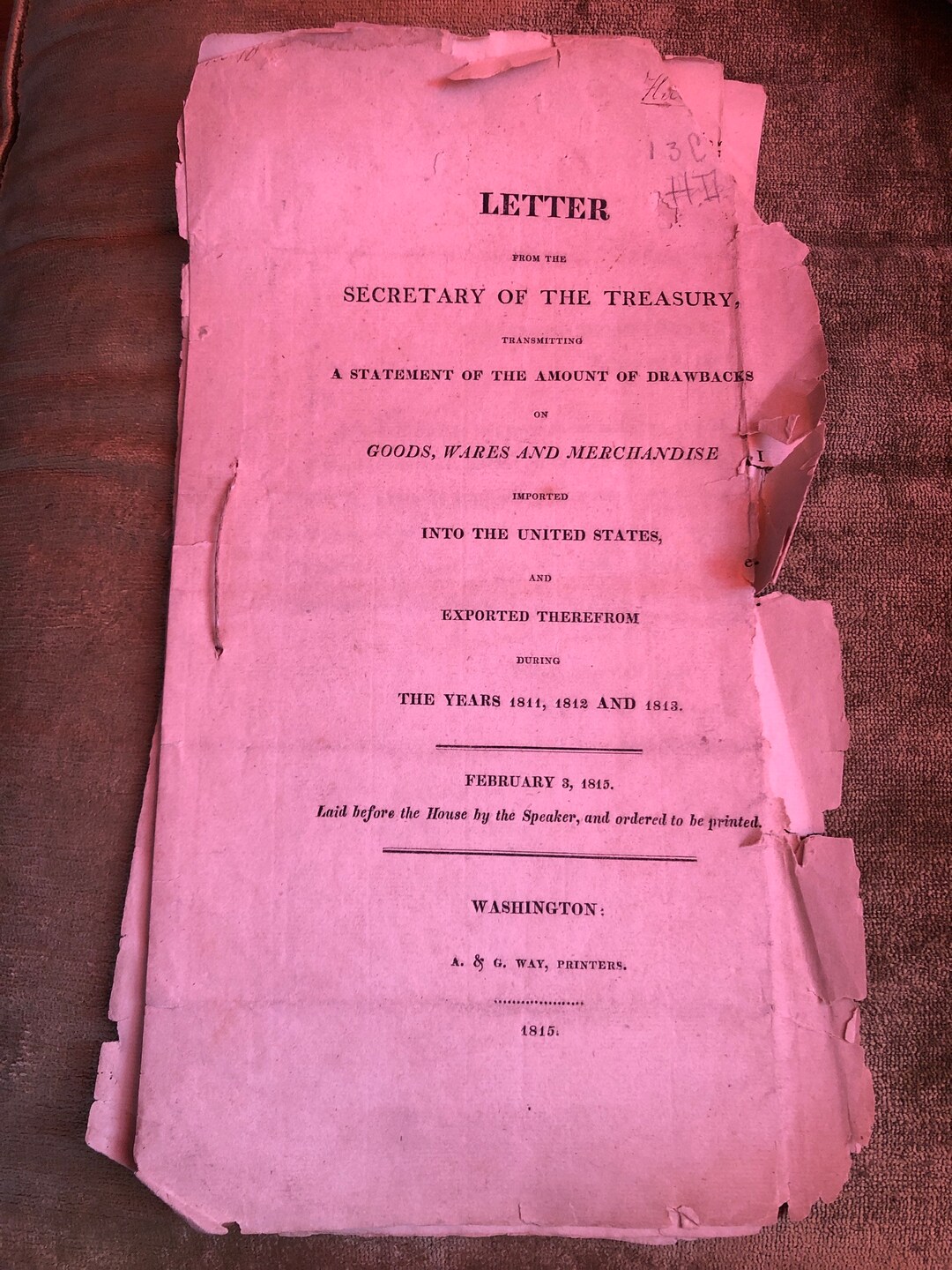1815 Letter From the Secretary of the Treasury A Statement of the ...