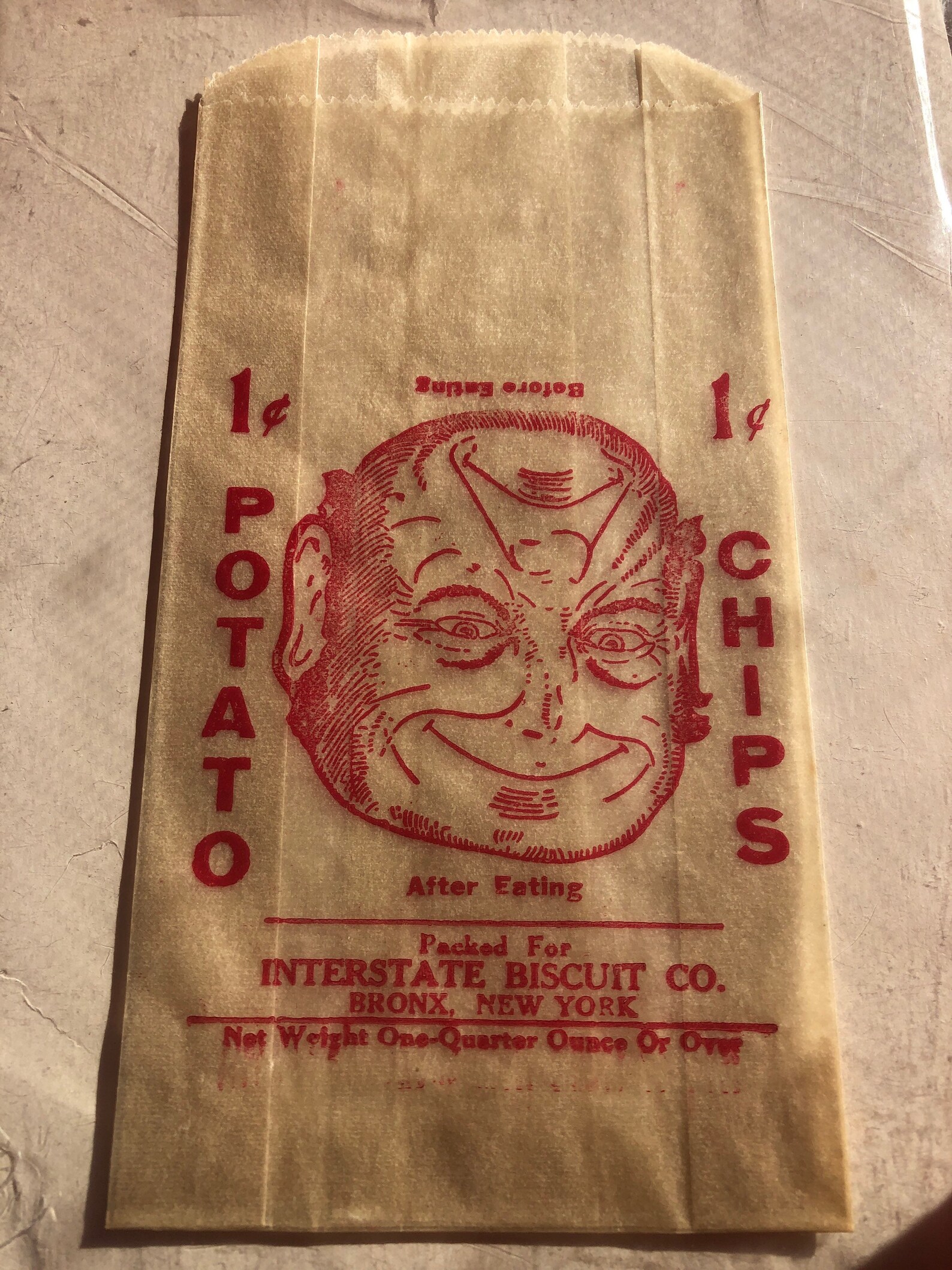 1930 Interstate Biscuit Co Bronx Ny 1 Cent Potato Chips Wax Bag - Etsy