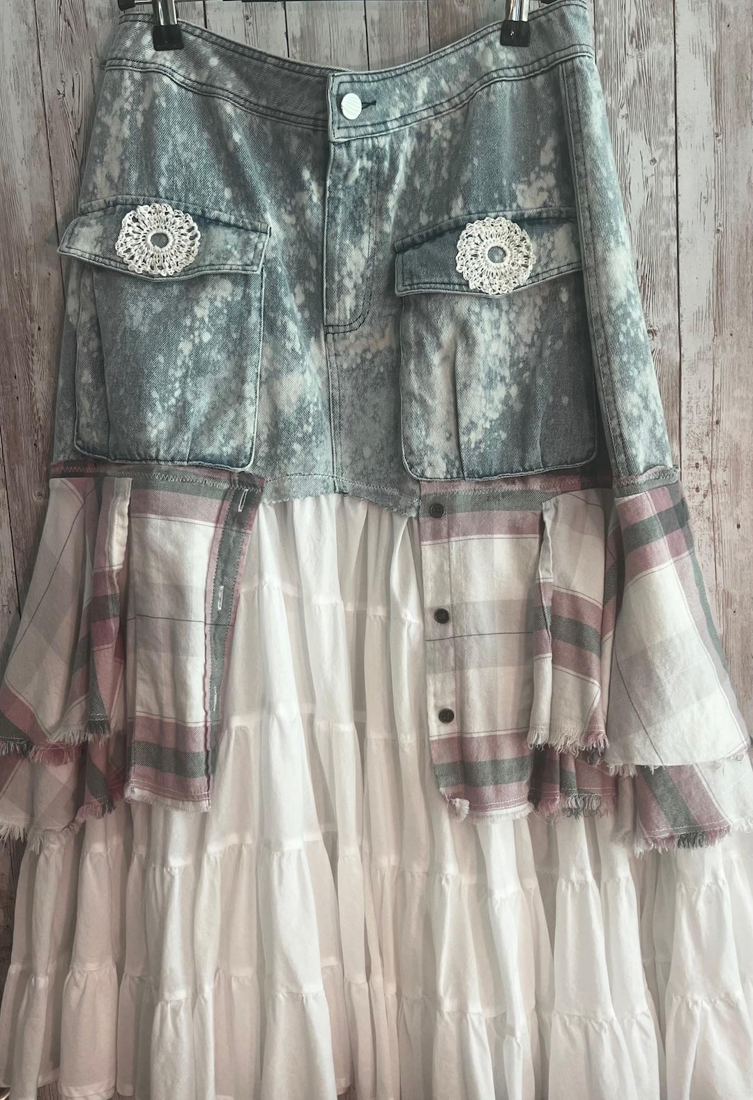 Denim Skirt: Ruffle & Flannel Layers, Upcycled Medium Bleached Denim - Etsy