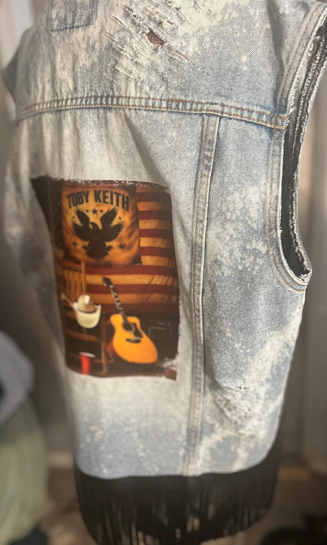 Distressed Denim Vest, Toby Keith, Black Leather Fringe, Upcycled - Etsy
