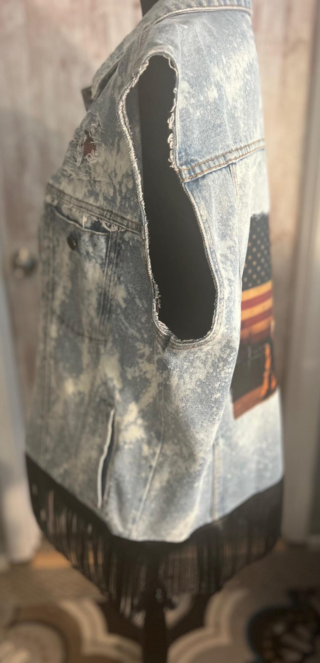 Distressed Denim Vest With Toby Keith DTF on Back With Black Leather ...