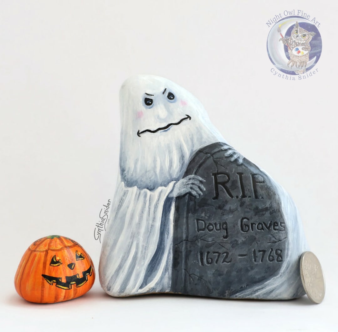 Ghost Painted Rock, Jack O Lantern Stone, Gravestone With a Ghost ...