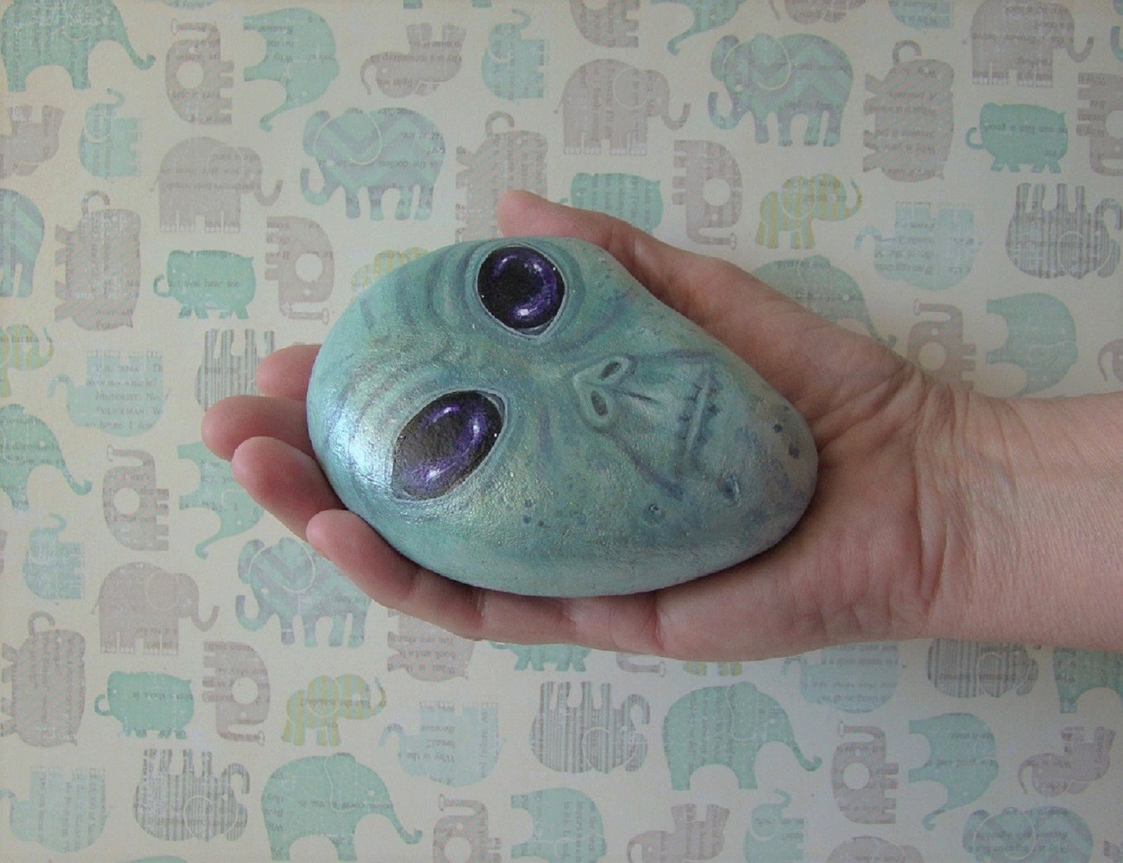 Painted alien rock pale teal alien greenish martian little | Etsy