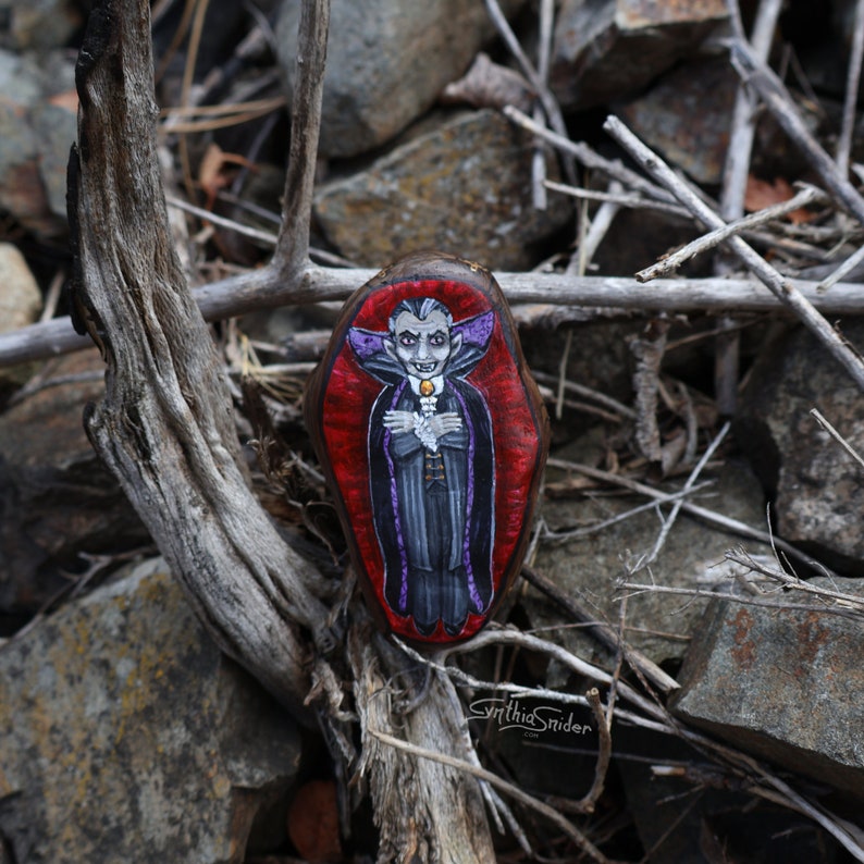 Dracula in a Coffin Painted Rock, Vampire Painted Rock, Halloween Stone ...