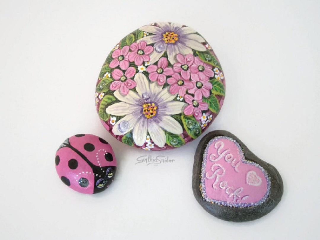Heart Shaped Flower Rock Set, Pink Ladybug Rock, Painted Rocks, You ...