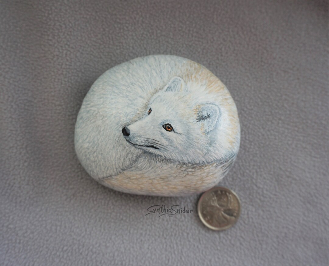 White Fox Stone, Arctic Fox, Painted Rock, Hand-painted Rock Art, Snow ...