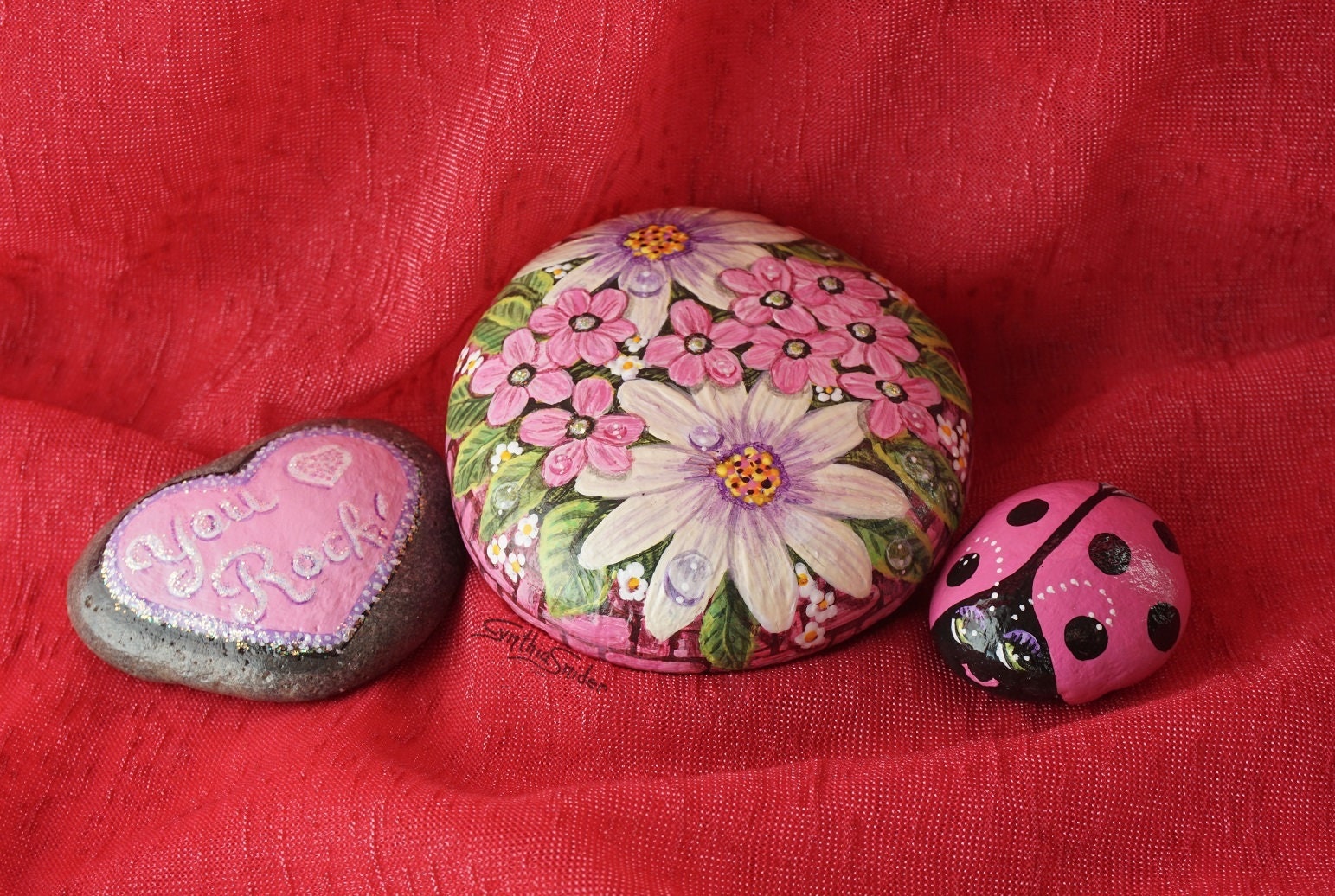 Heart Shaped Flower Rock Set Pink Ladybug Rock Painted Stone - Etsy