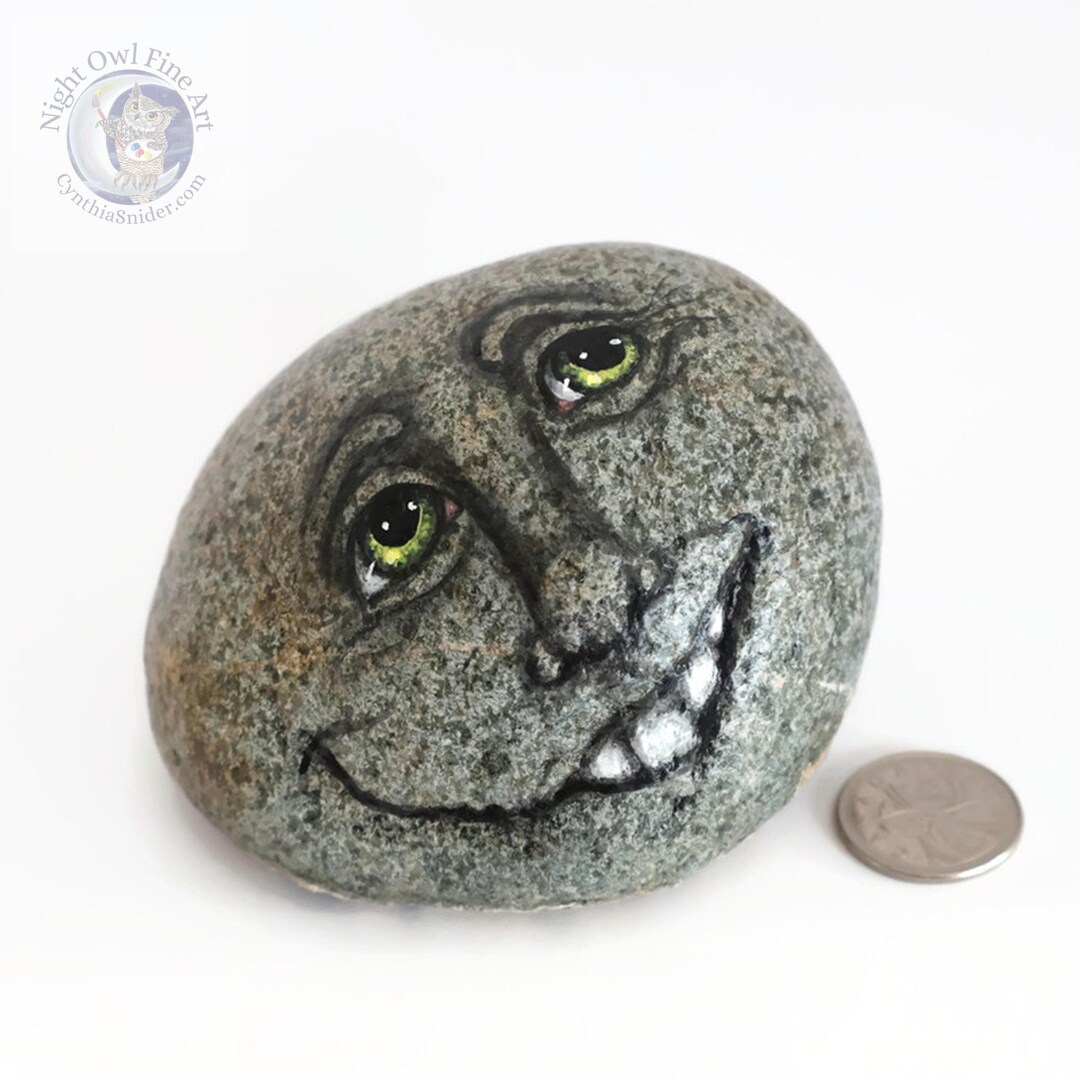 Painted Stone Creepy Face, Funny Stone Face, Garden Decor, Creepy Rock ...