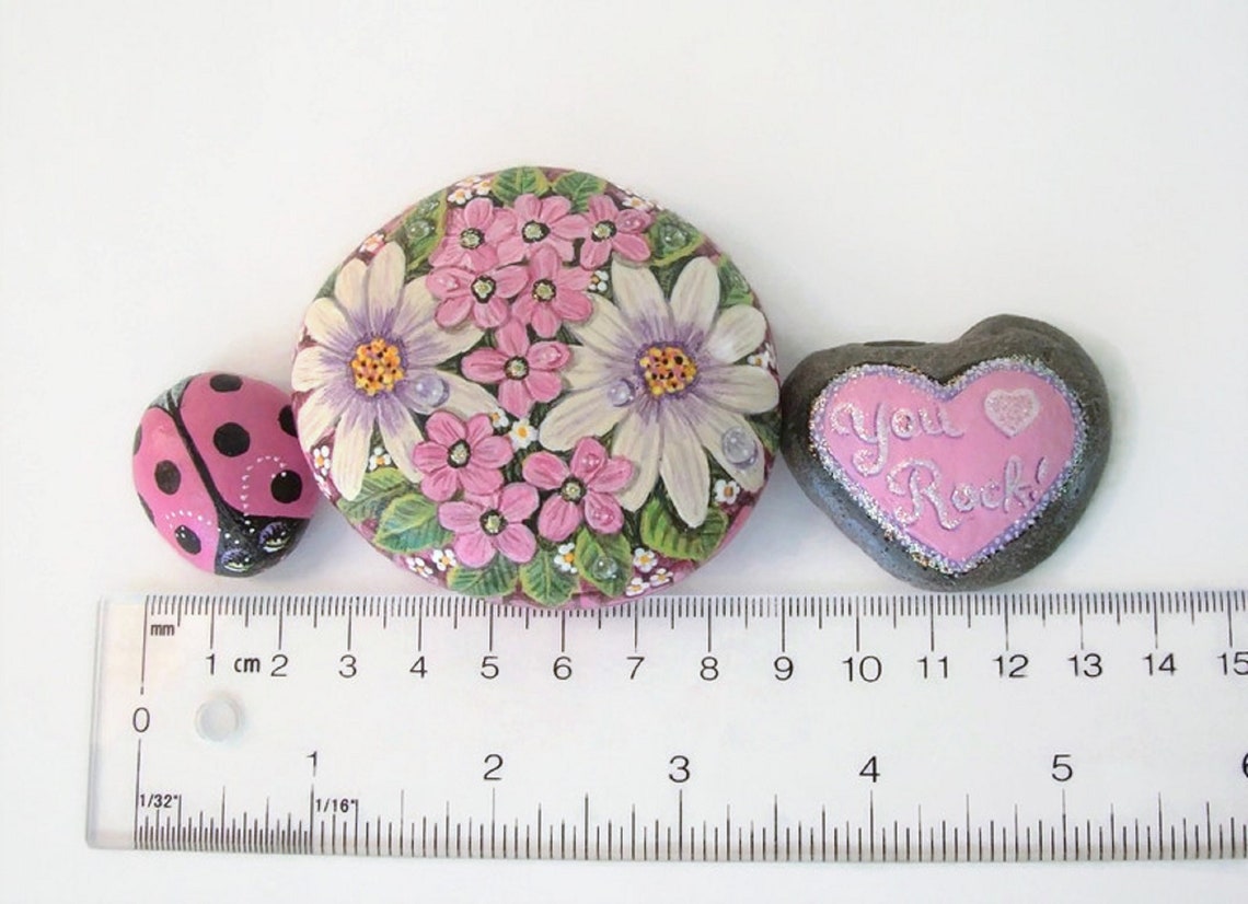 Heart Shaped Flower Rock Set Pink Ladybug Rock Painted Stone - Etsy