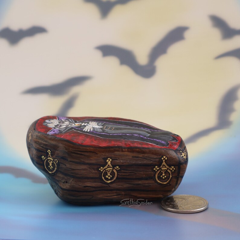 Dracula in a Coffin Painted Rock, Vampire Painted Rock, Halloween Stone ...