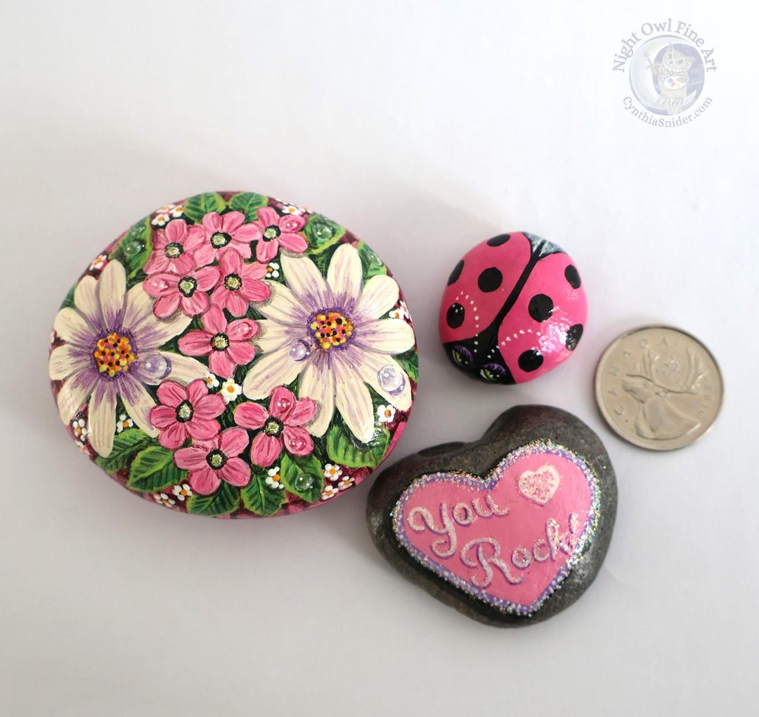 Valentine Rock Set, Pink Ladybug Rock, Painted Rocks, Heart Shape Stone ...