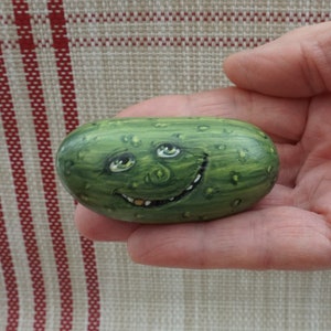 Dill Pickle Rock, Pickle With Face, Painted Pickle Stone, Dill With ...