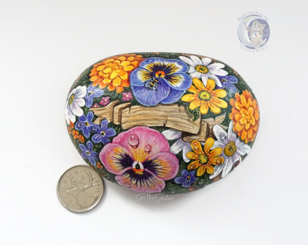 Flower Painted Rock, Painted Stone, Basket of Flowers Rock, Mom Gift ...